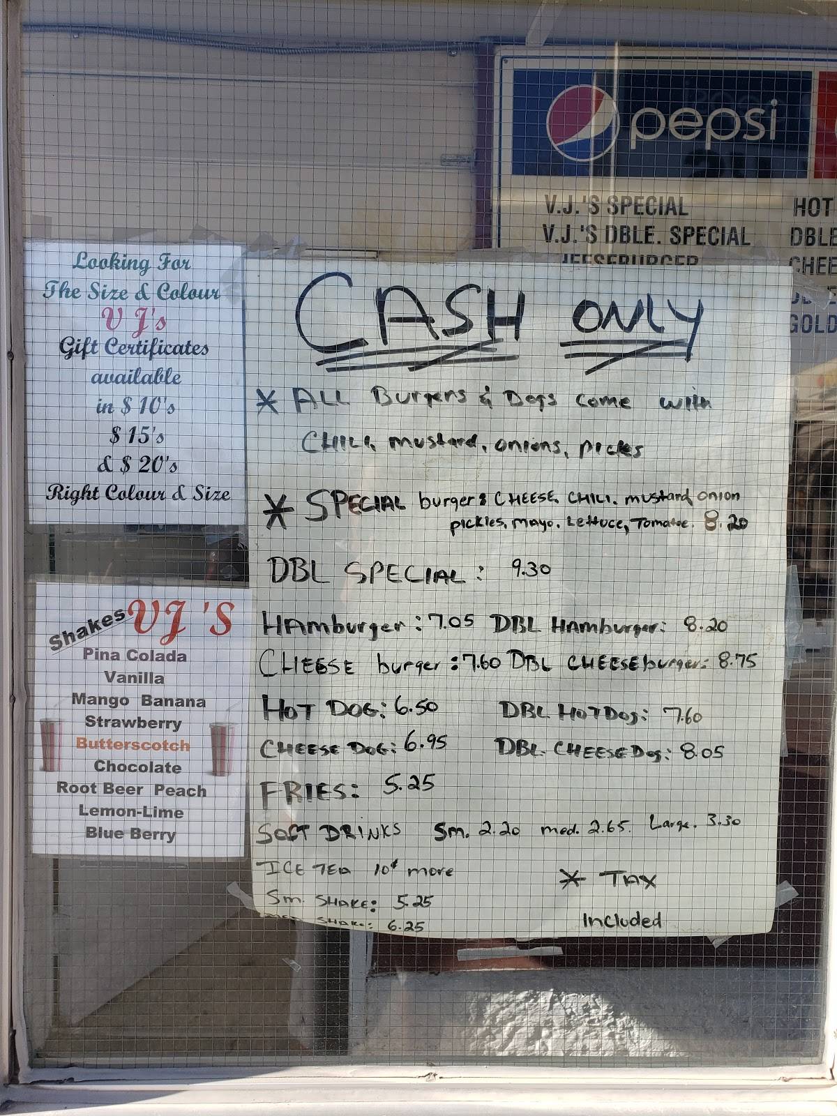 Menu at VJ's Drive Inn restaurant, Winnipeg