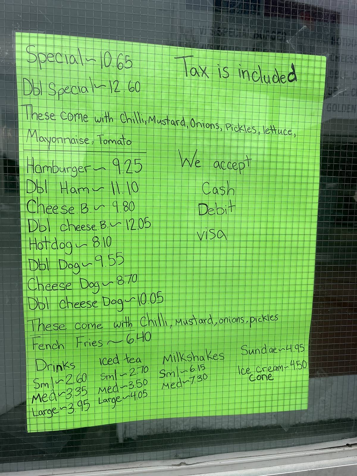 Menu at VJ's Drive Inn restaurant, Winnipeg
