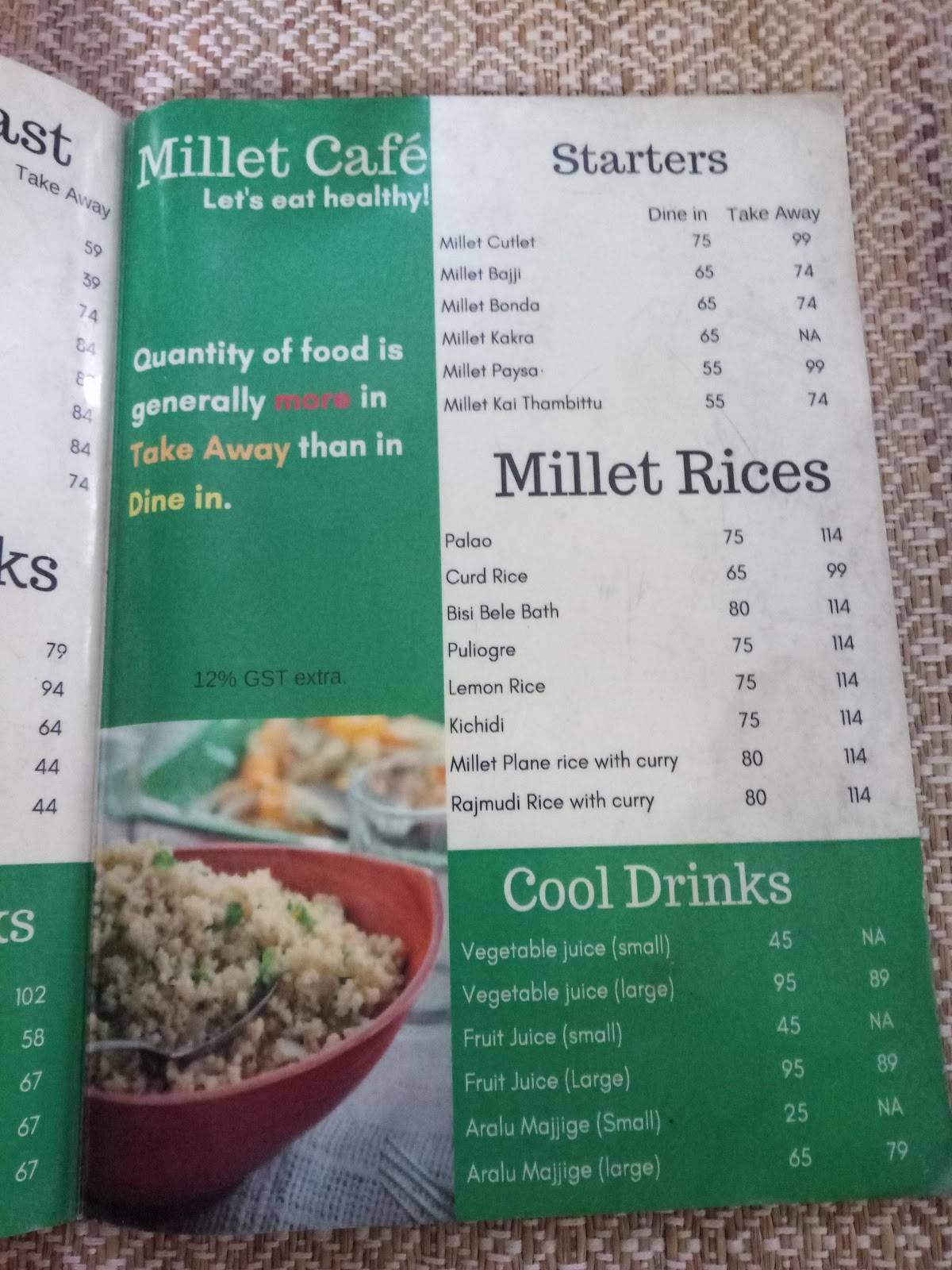 Menu at Vaathsalya Millet Cafe, Bengaluru