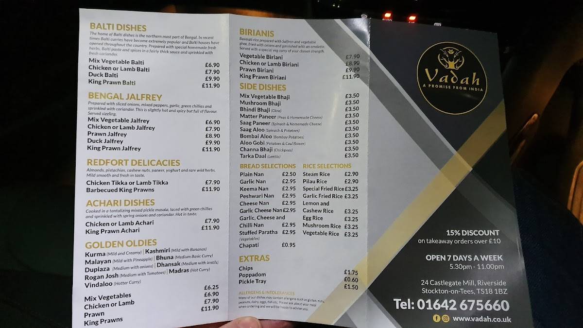 Menu at Vadah restaurant, Stockton-on-Tees