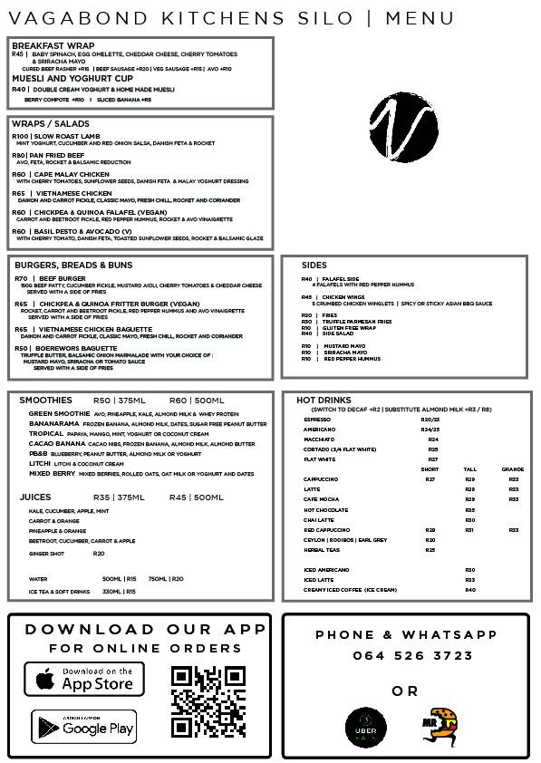 Menu at Vagabond Kitchens Silo District restaurant, Cape Town