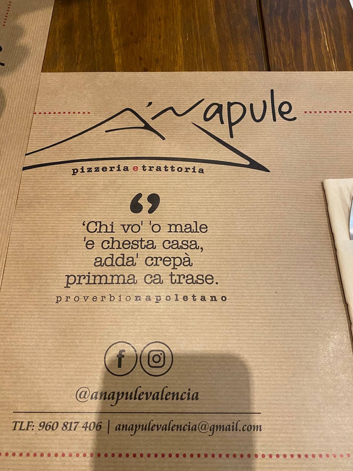 Carta de A' Napule - Restaurante Pizzería Napolitana, Valencia