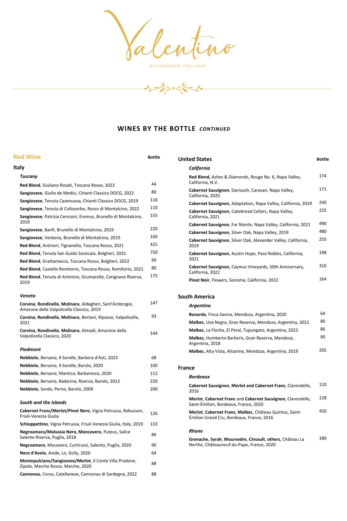 Menu at Valentino Ristorante Italiano restaurant, Clearwater