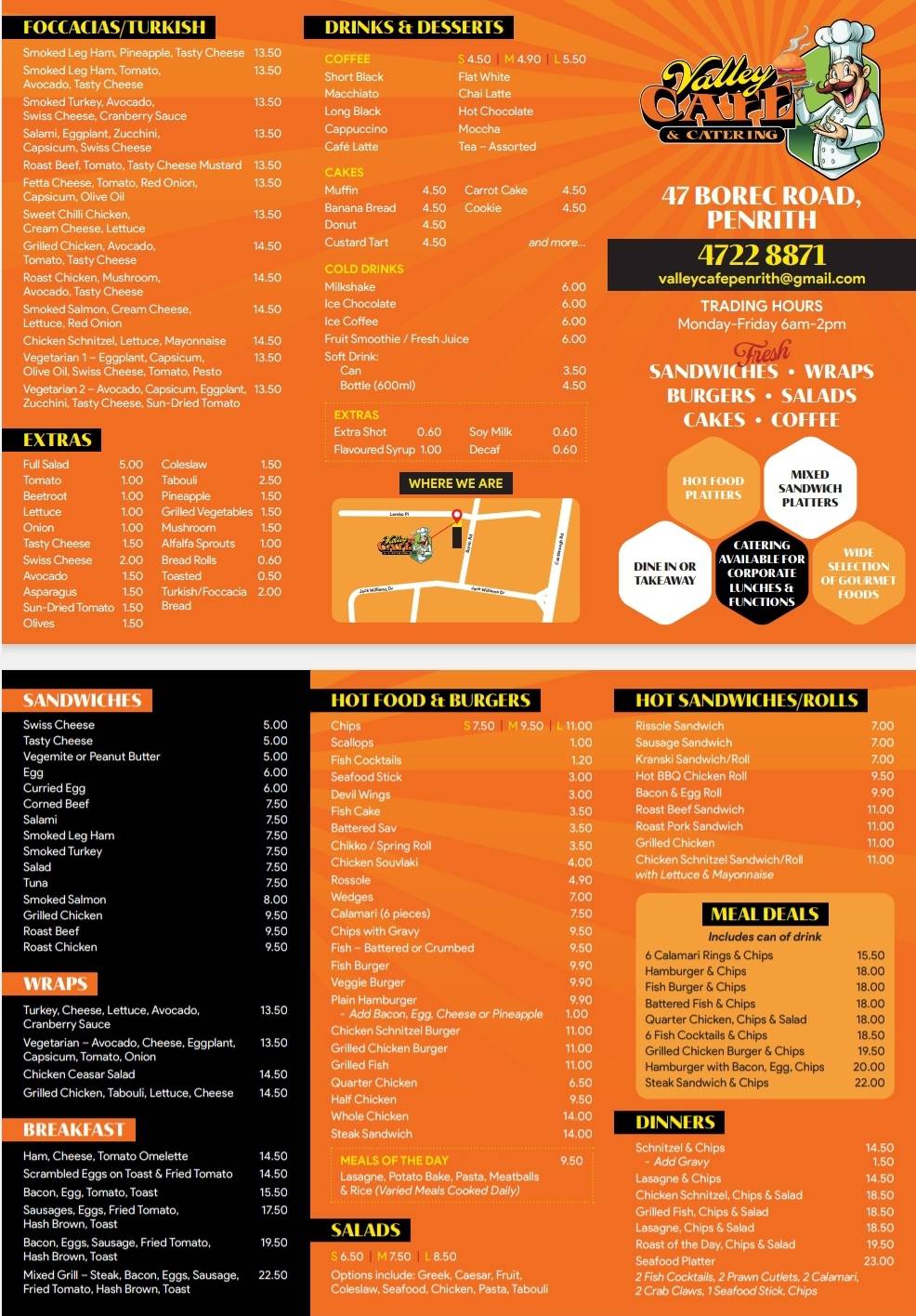 Menu at Valley Cafe, Penrith