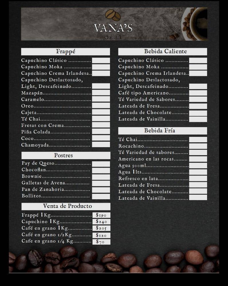Carta de Vana's cafe, Los Mochis