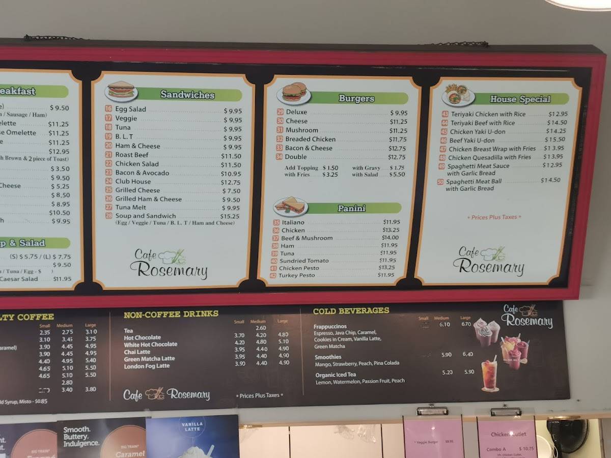 Menu at Cafe Rosemary, Vancouver