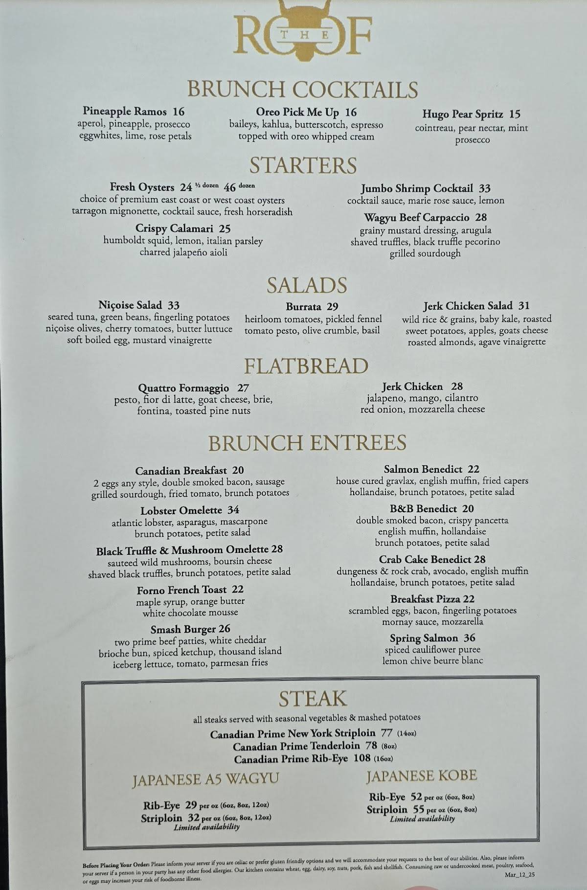 Menu at The Roof at Black & Blue steakhouse, Vancouver