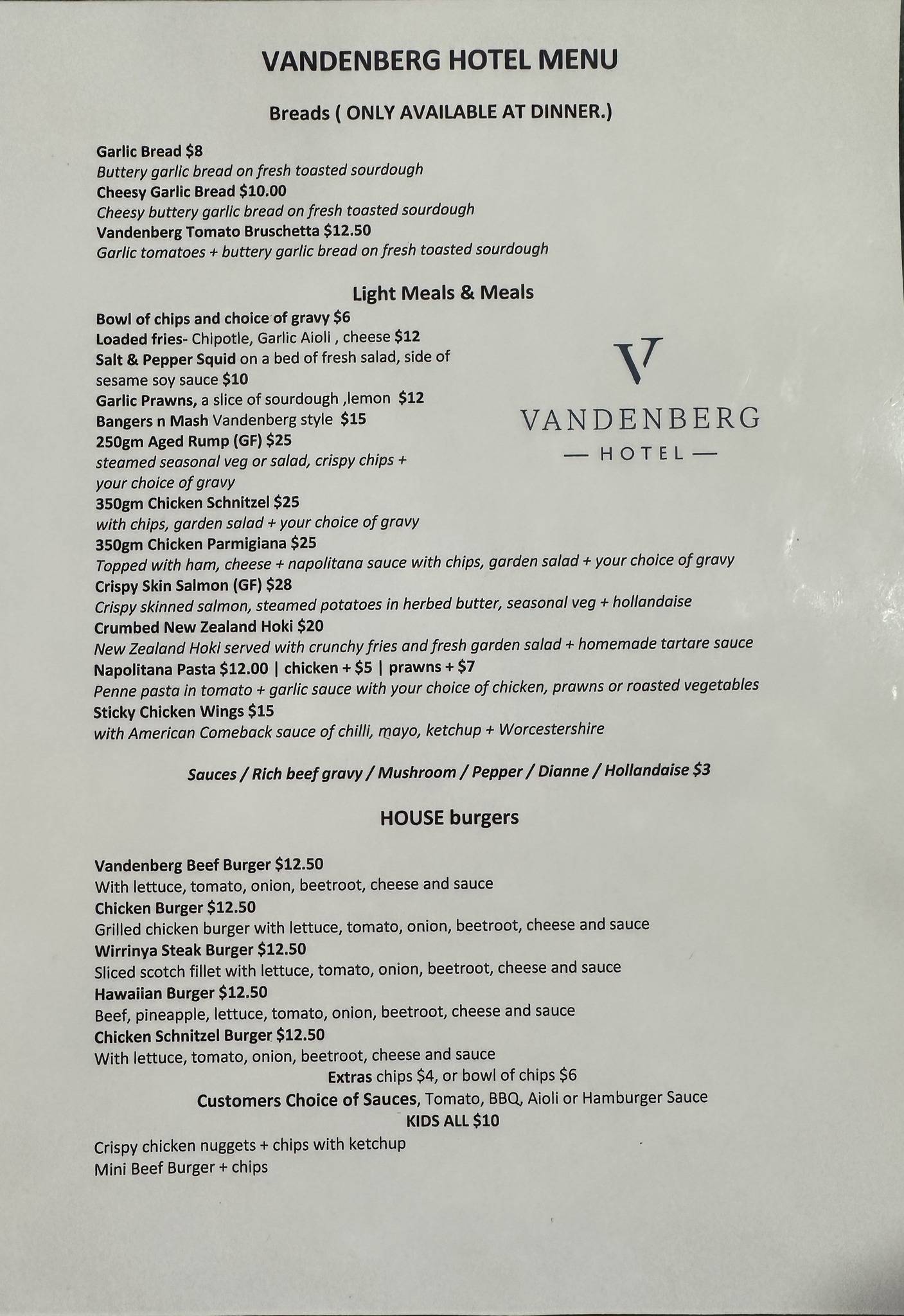 Menu at Vandenberg Hotel Forbes pub & bar, Forbes