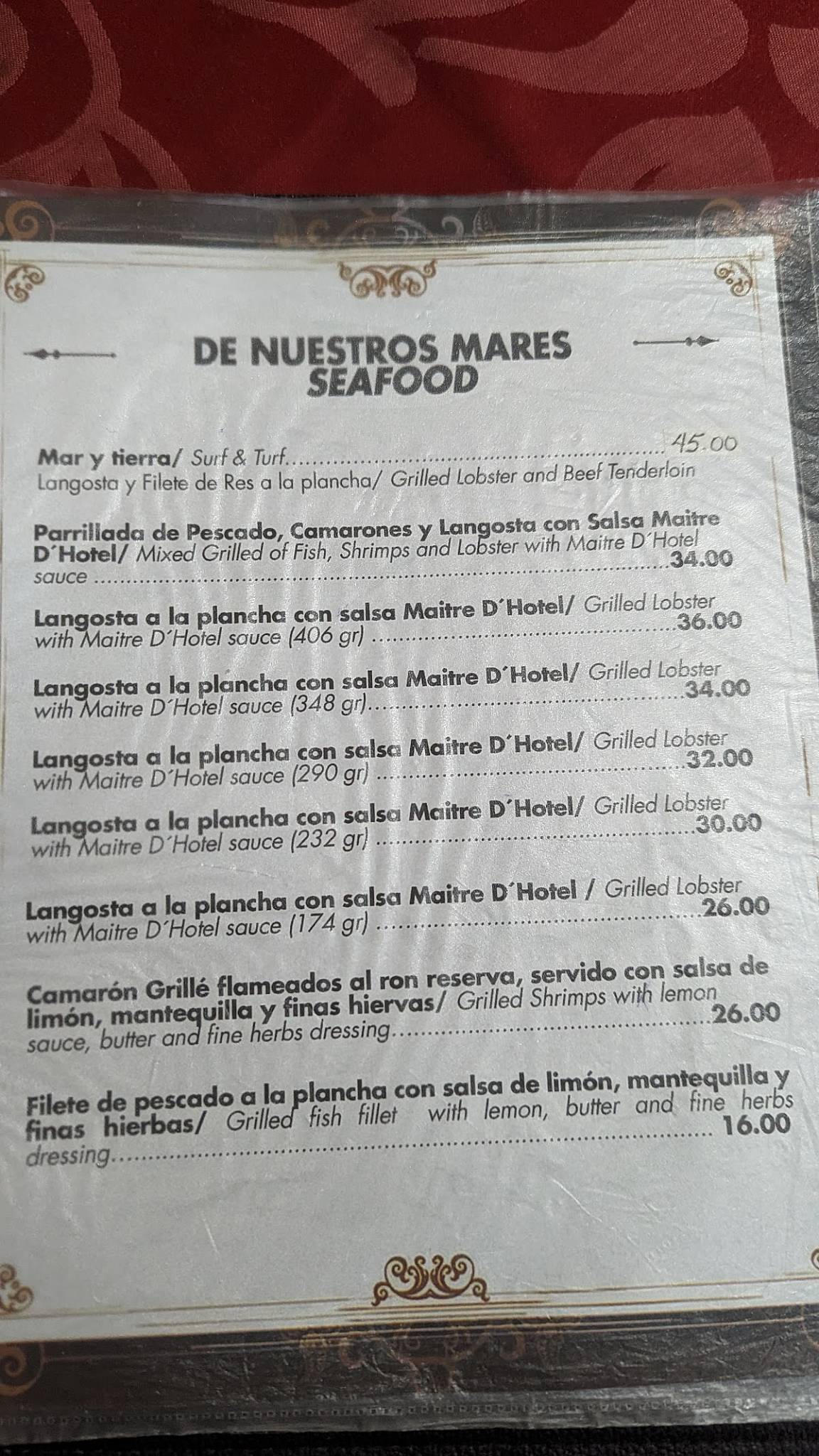 Menu at La Barbacoa, Varadero