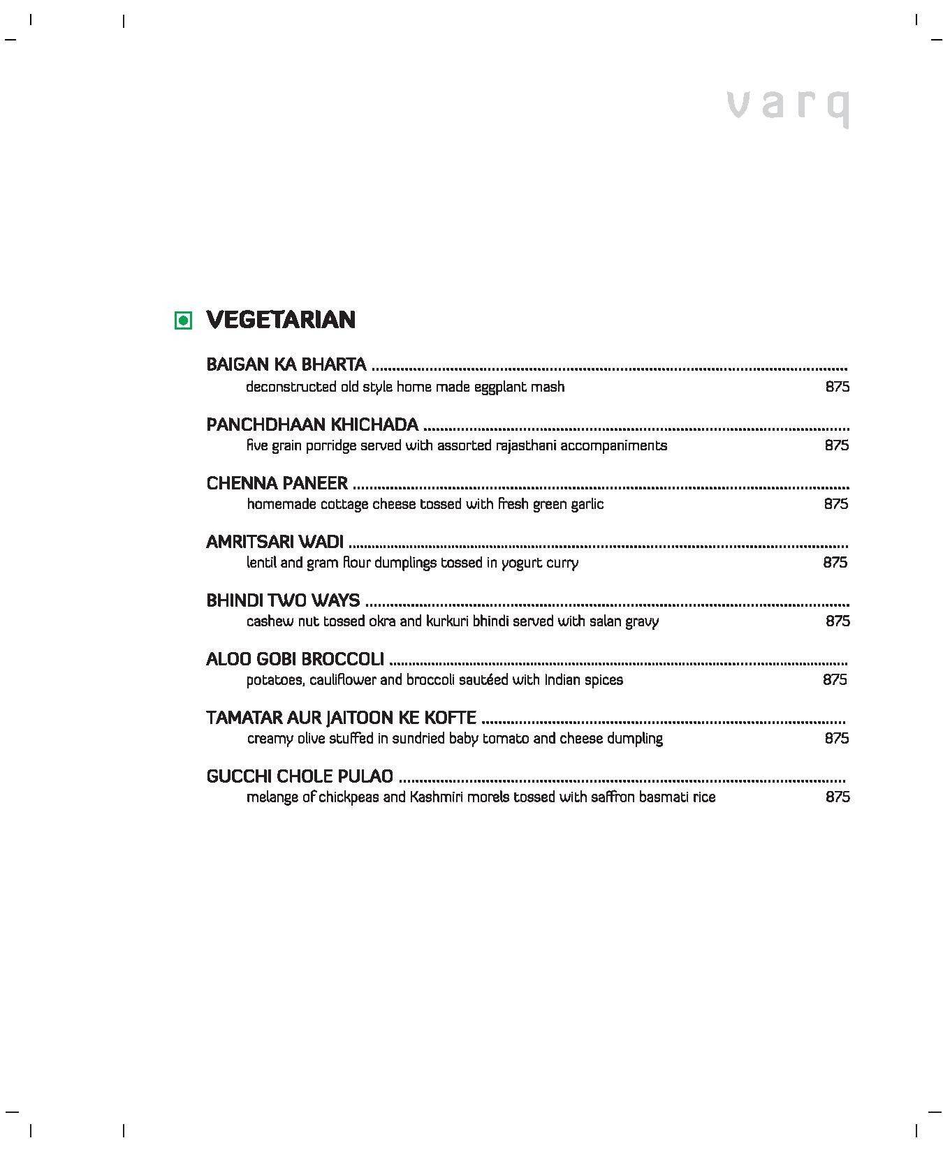 Menu at Varq, New Delhi, Taj Mahal Hotel