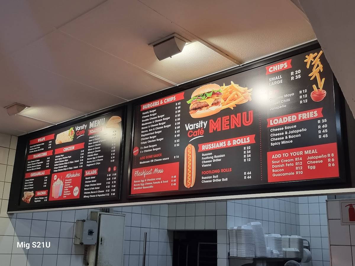 Menu at Varsity Cafe, Potchefstroom