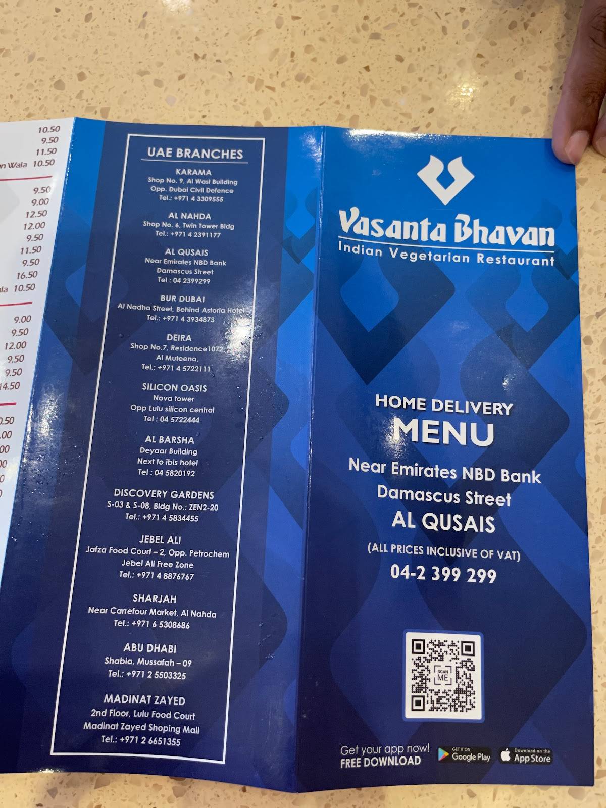 Carta de Vasanta Bhavan Vegetarian Restaurant Al Quasis Dubai, Dubai ...