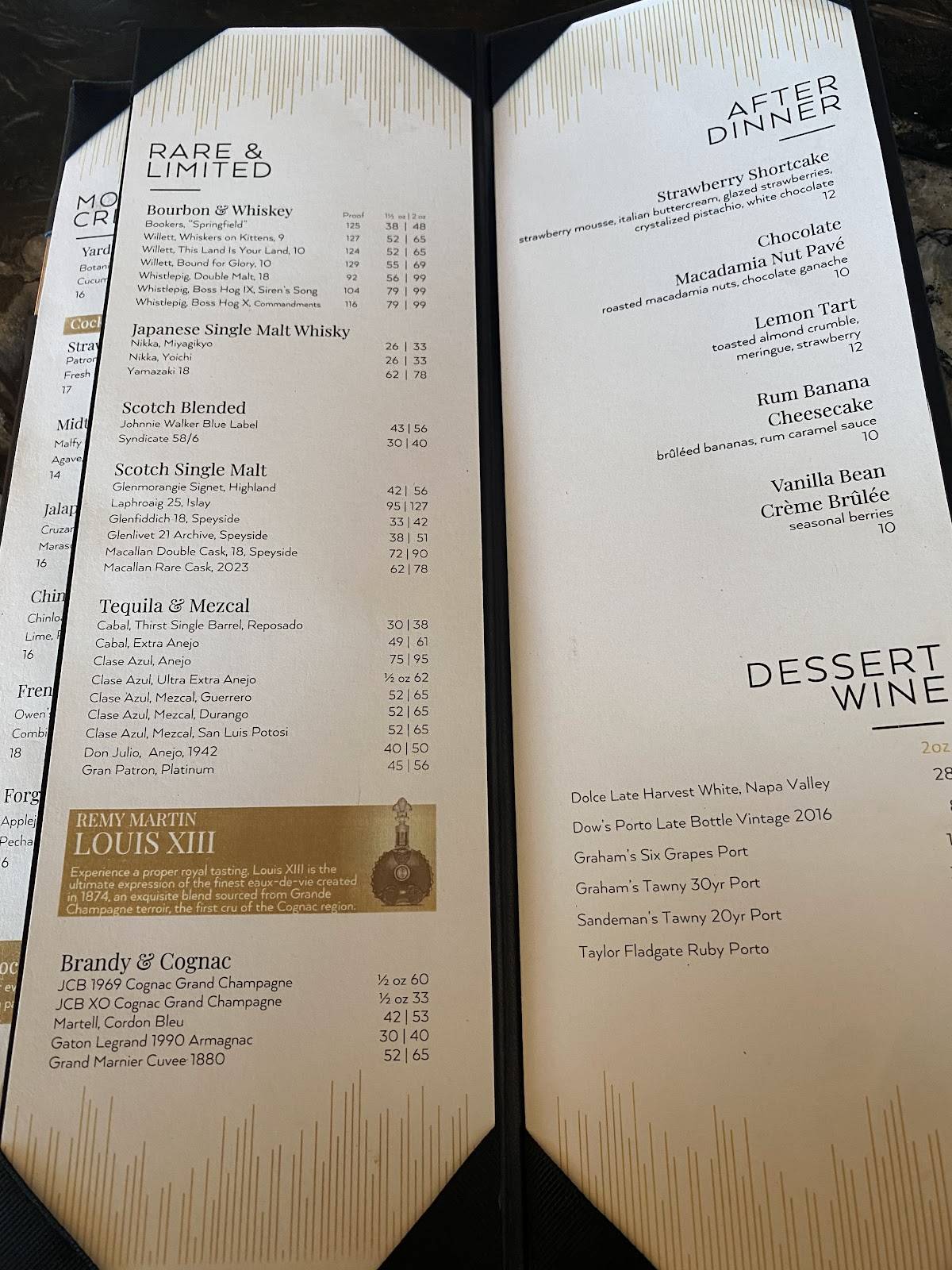 Menu at Vast restaurant, Oklahoma City