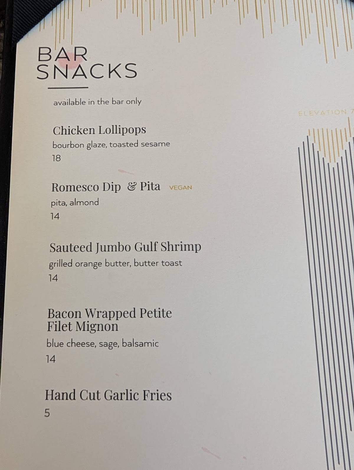 Menu at Vast restaurant, Oklahoma City
