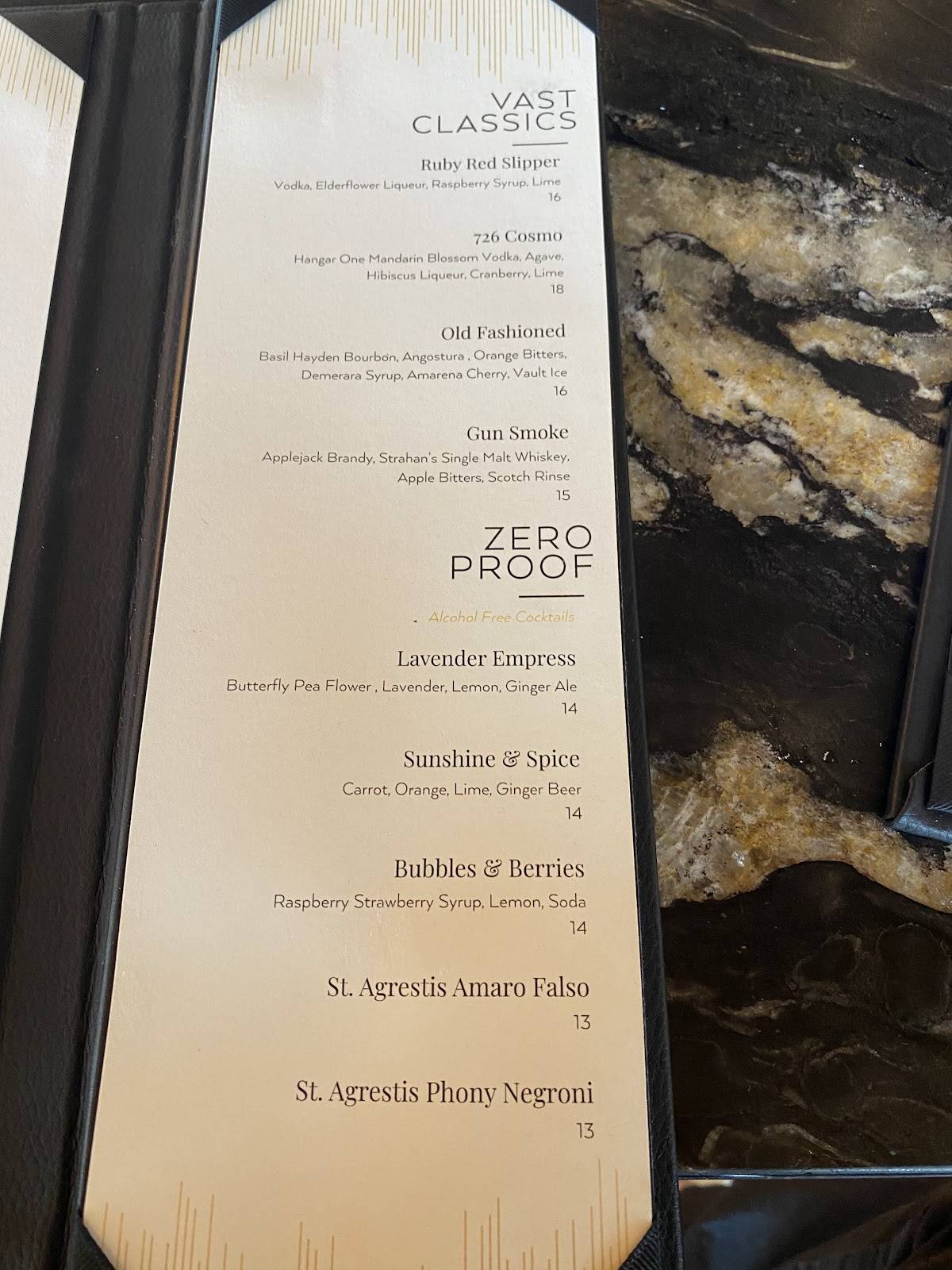 Menu at Vast restaurant, Oklahoma City