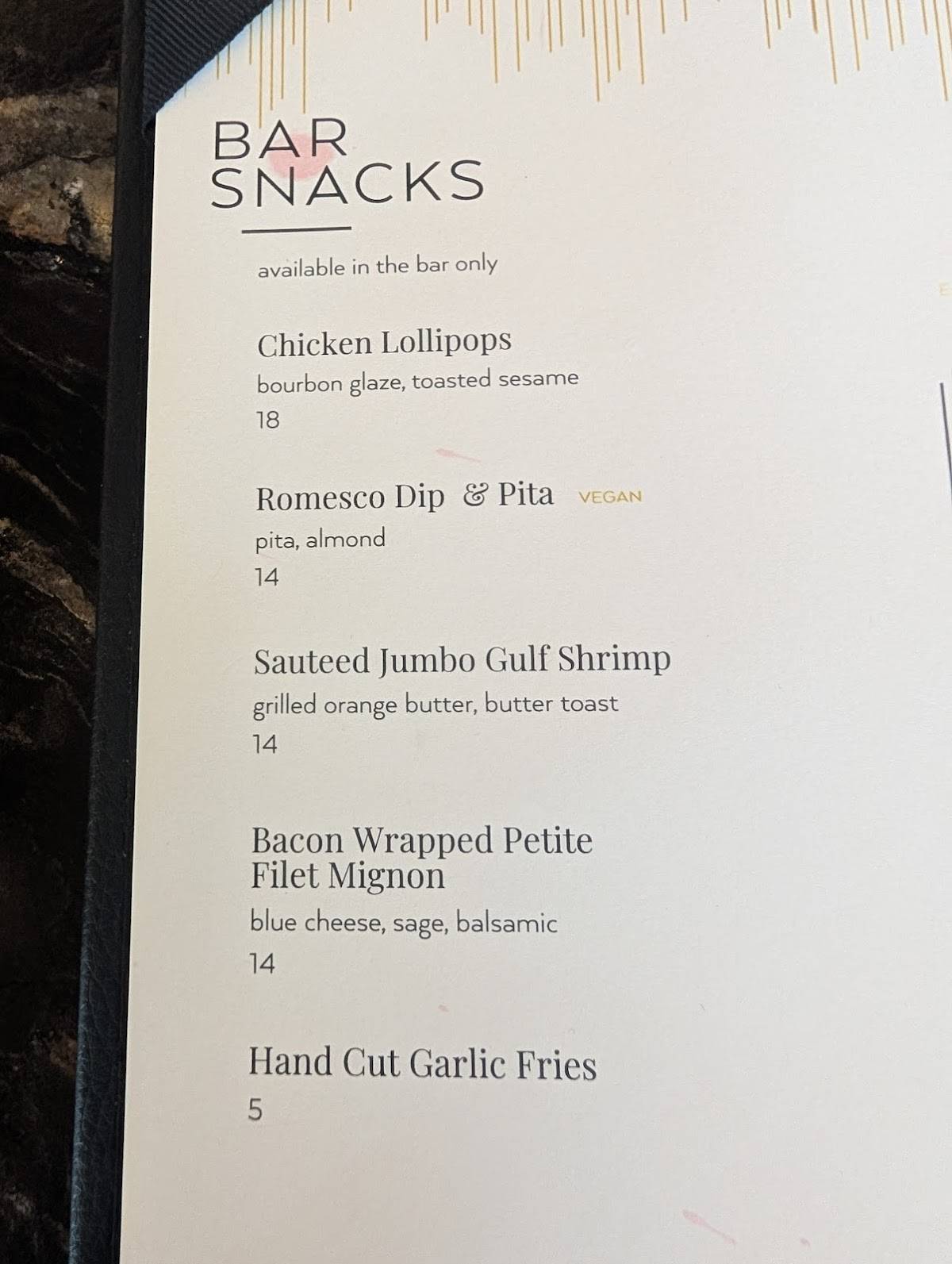 Menu at Vast restaurant, Oklahoma City