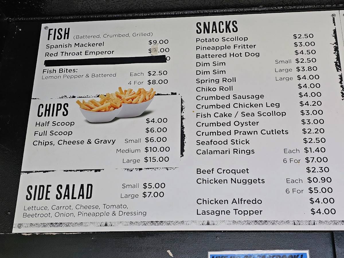 Menu at Vella's Xpress Fish Bar, North Mackay