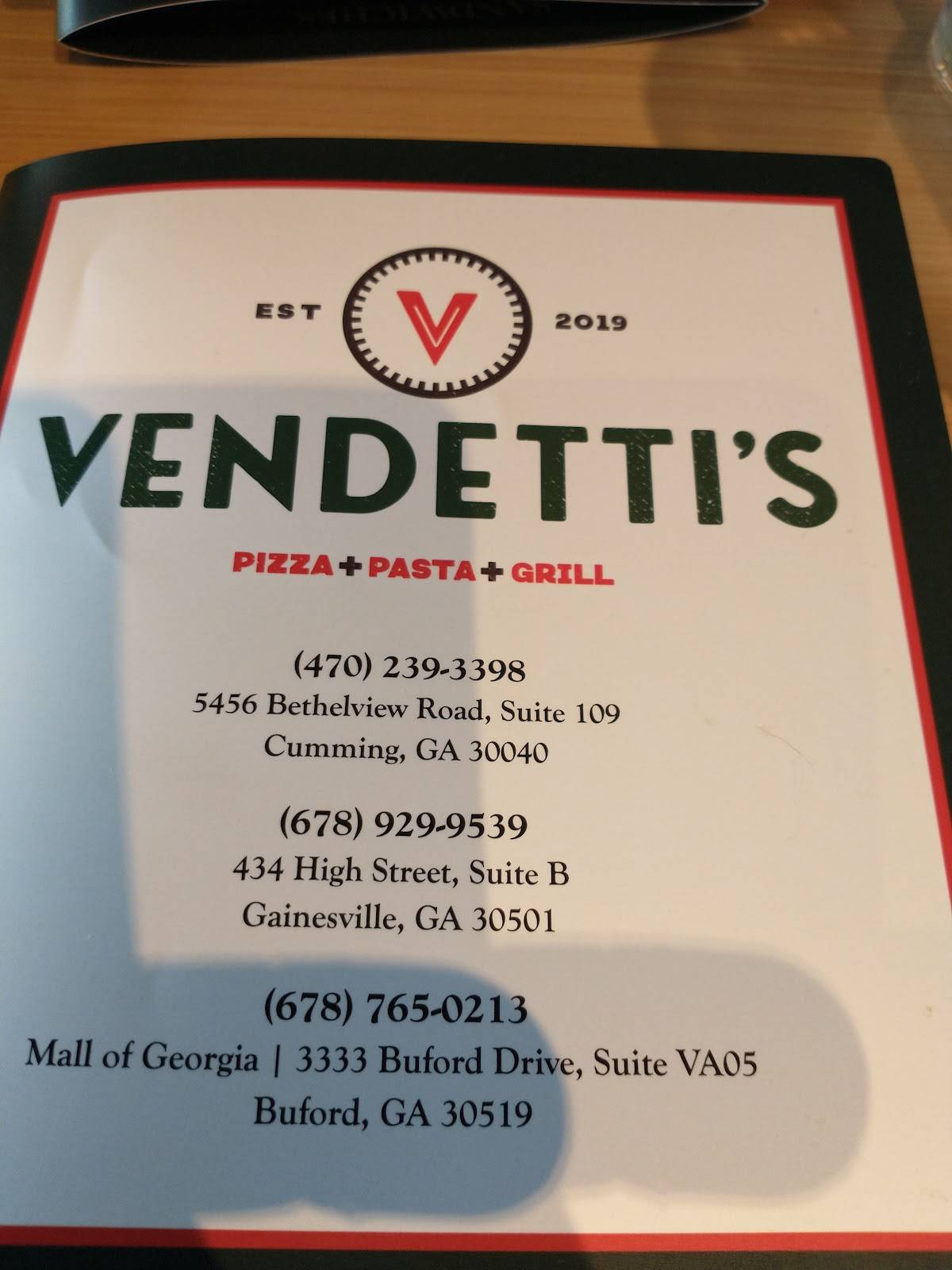 Menu at Vendetti’s Pizza Pasta Grill Gainesville pizzeria, Gainesville