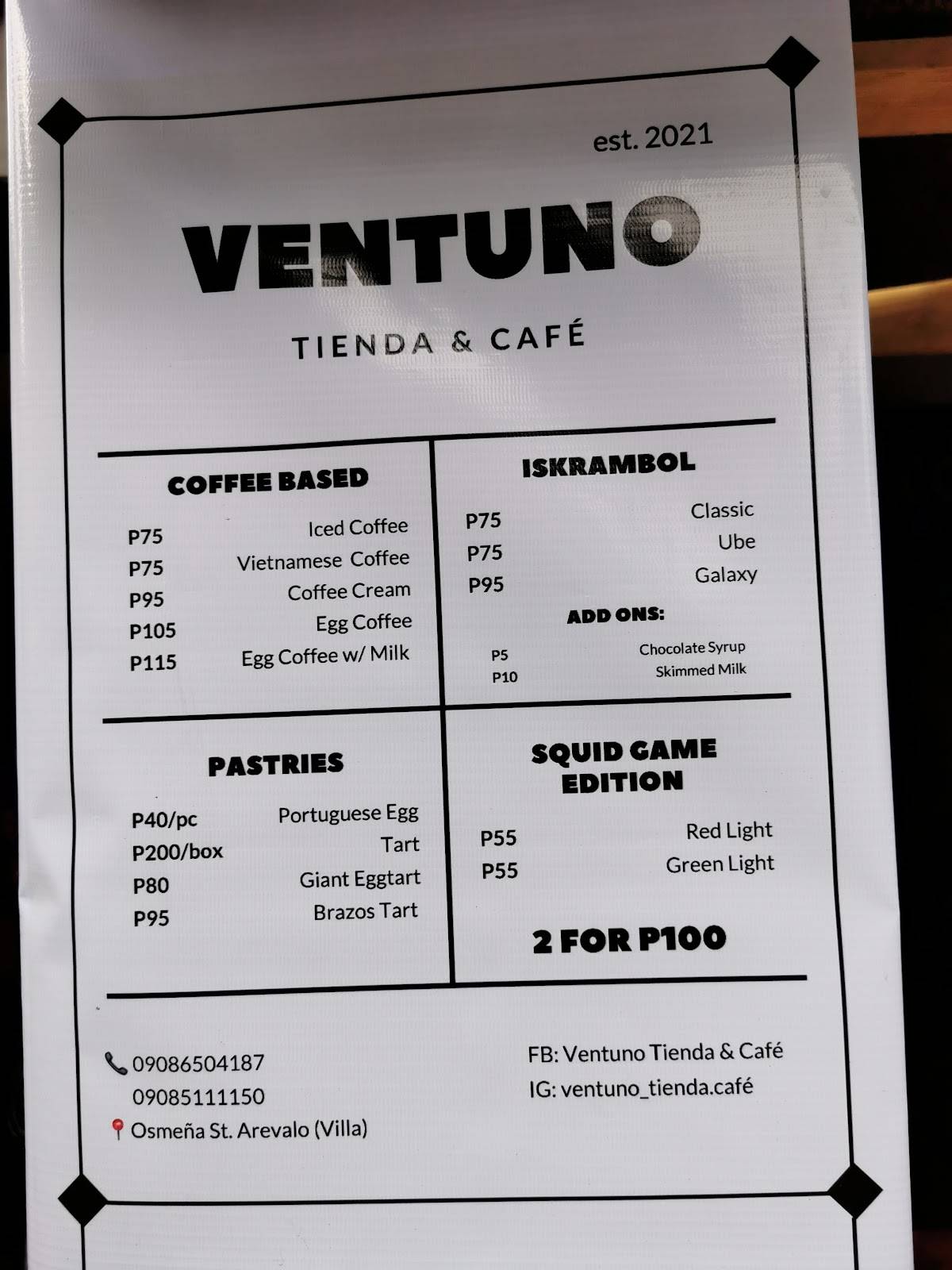 Carta de Ventuno Bar & Café Mandurriao Branch, Iloílo