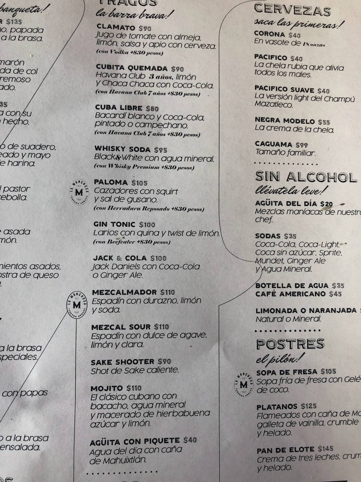 Carta del restaurante La Monchosa, Veracruz