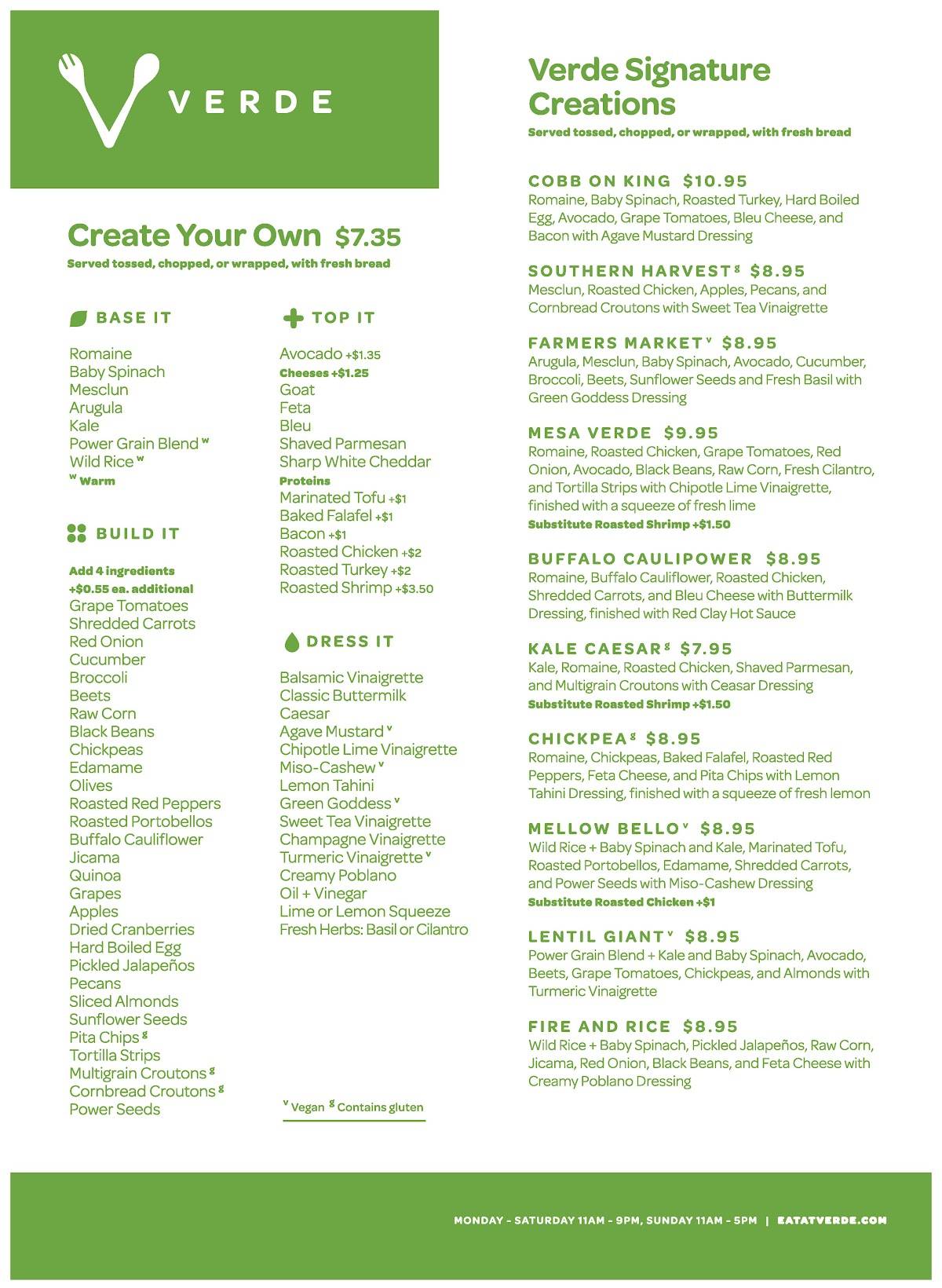 Menu at Verde *NOW LOCATED AT 433 KING ST. restaurant, Charleston, 347 ...