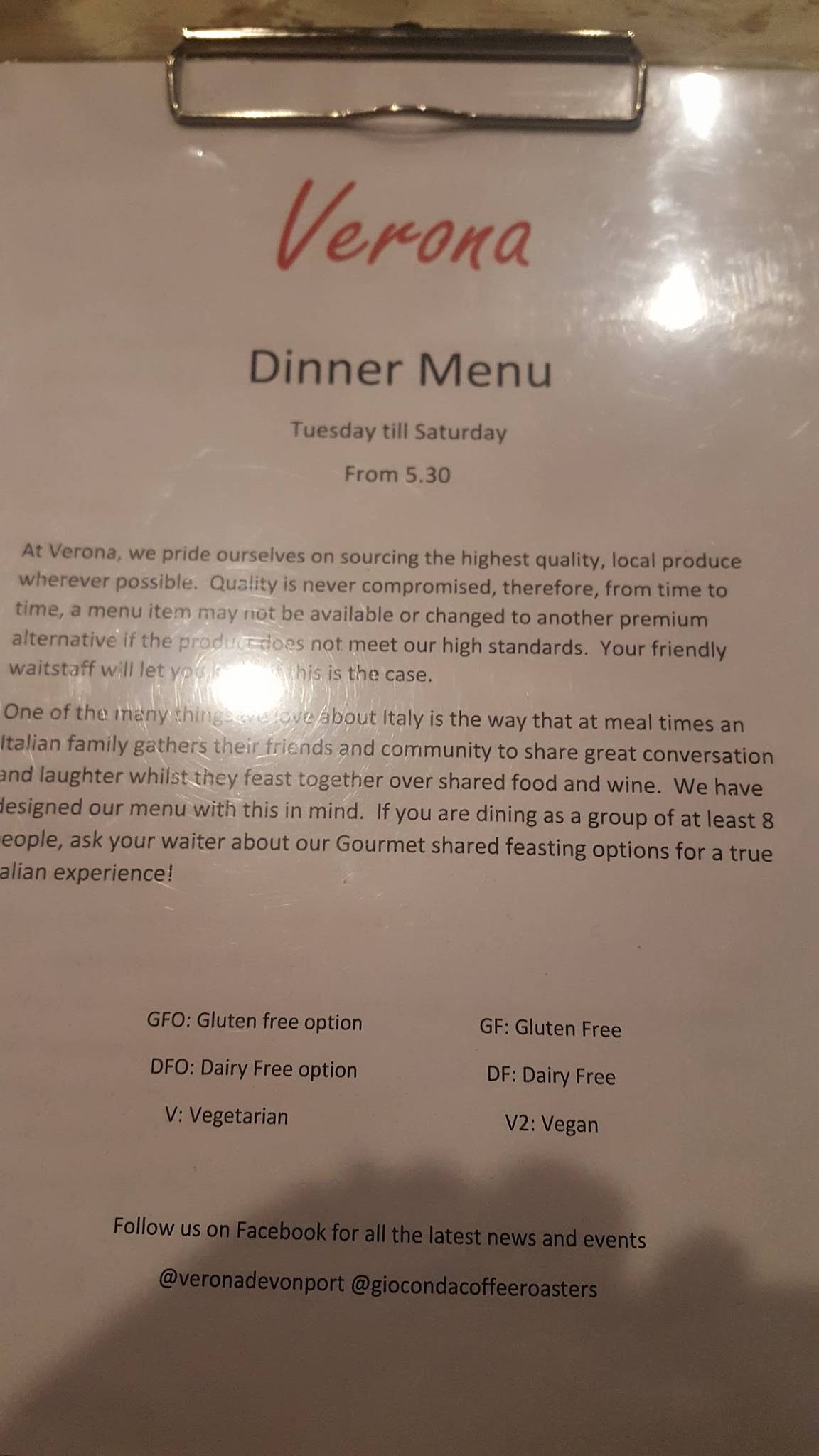 Menu at Verona Devonport restaurant, Devonport