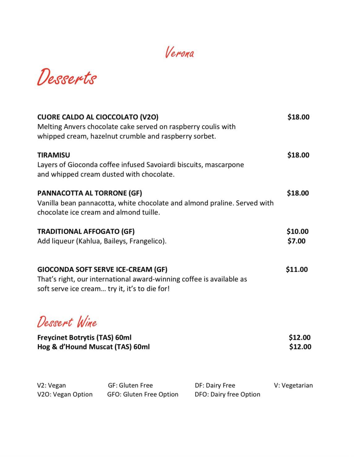 Menu at Verona Devonport restaurant, Devonport