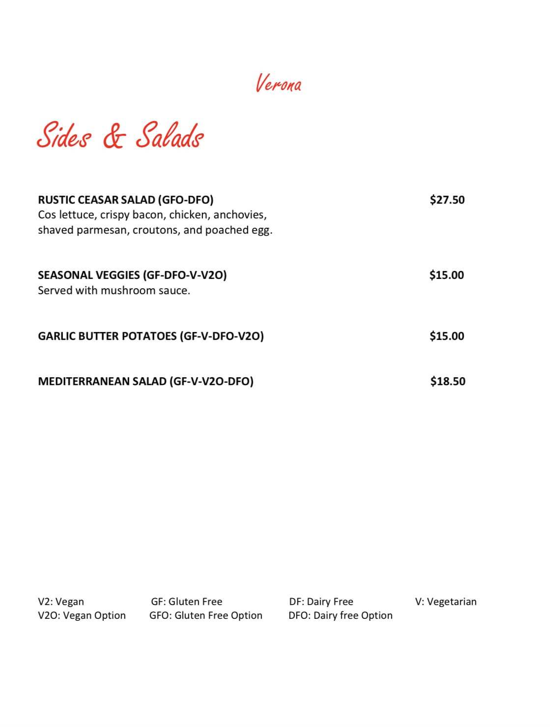 Menu at Verona Devonport restaurant, Devonport