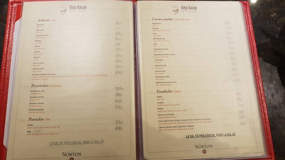 Carta del restaurante Viejo Balcón Puerto Norte, Rosario, Av. Carballo 198