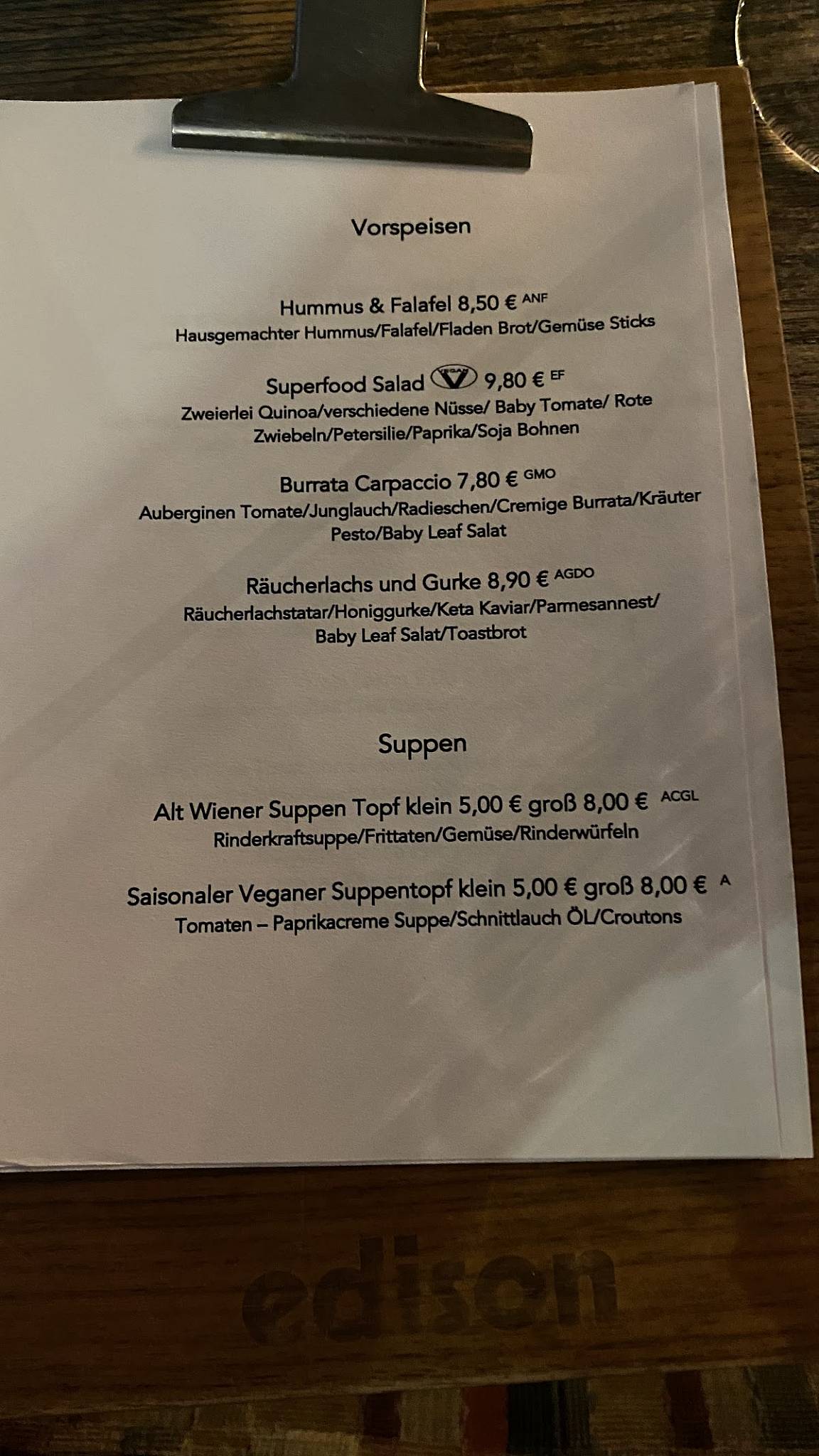 Speisekarte von Edison pub & Bar, Wien, Alserstraße Wickenburggasse