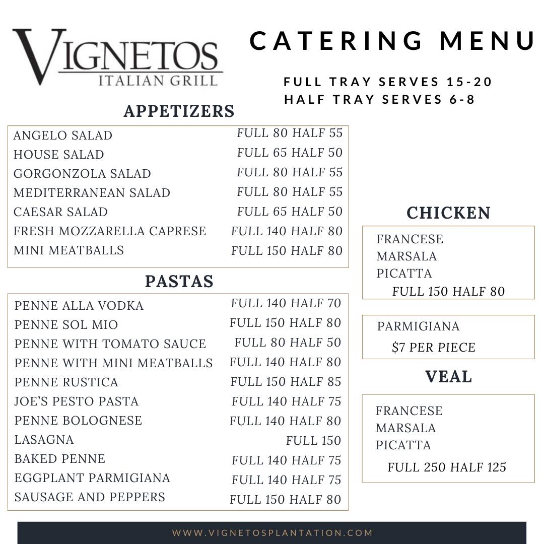 Menu at Vignetos Italian Grill pub & bar, Plantation, S University Dr