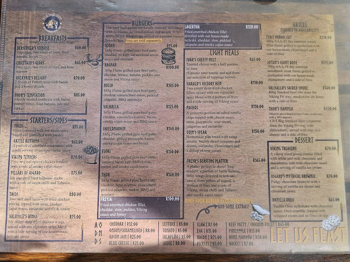 Menu at Viking Pit restaurant, Pretoria