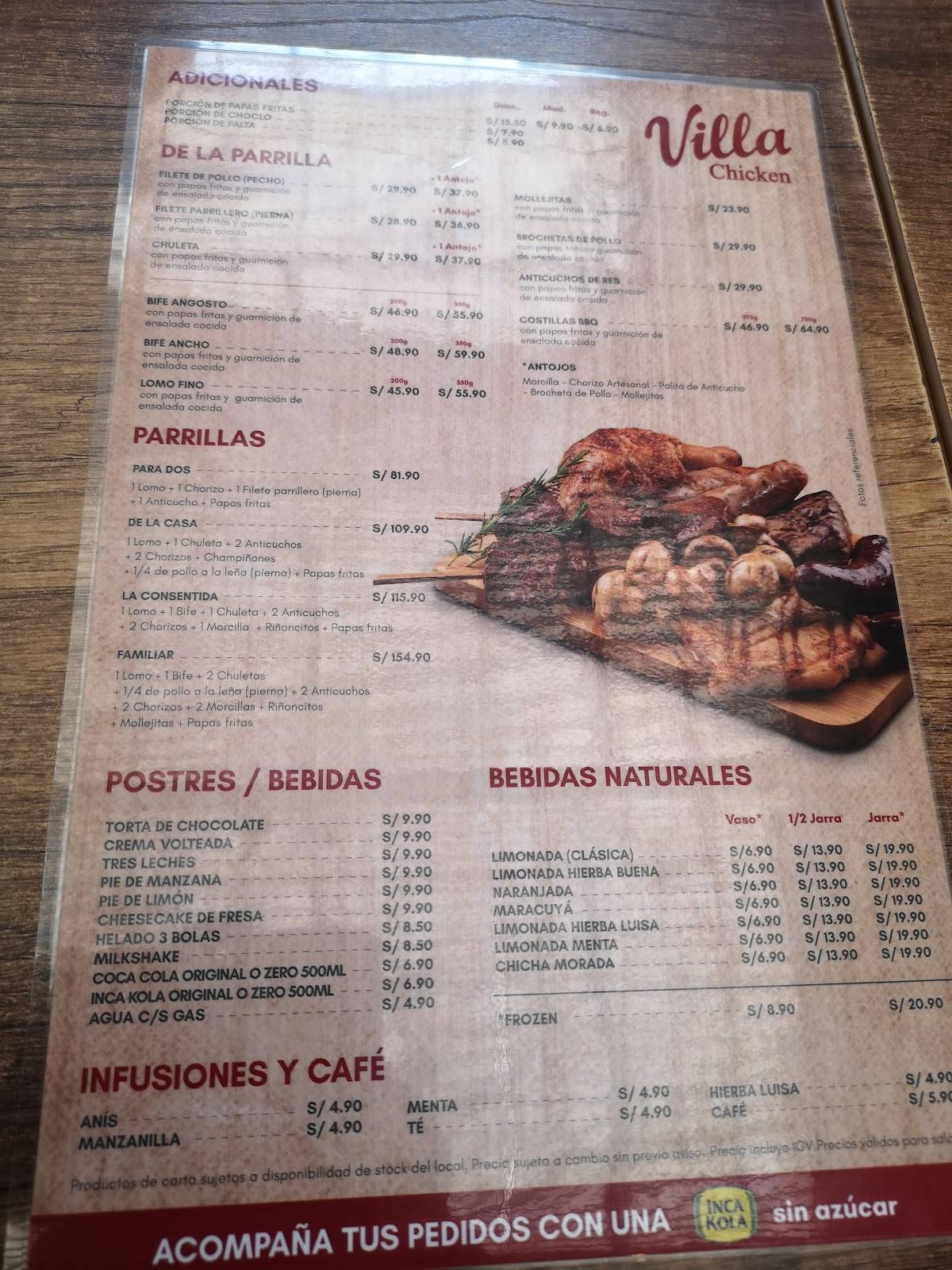 Carta del restaurante Villa Chicken, San Borja, Av. Aviación 2752