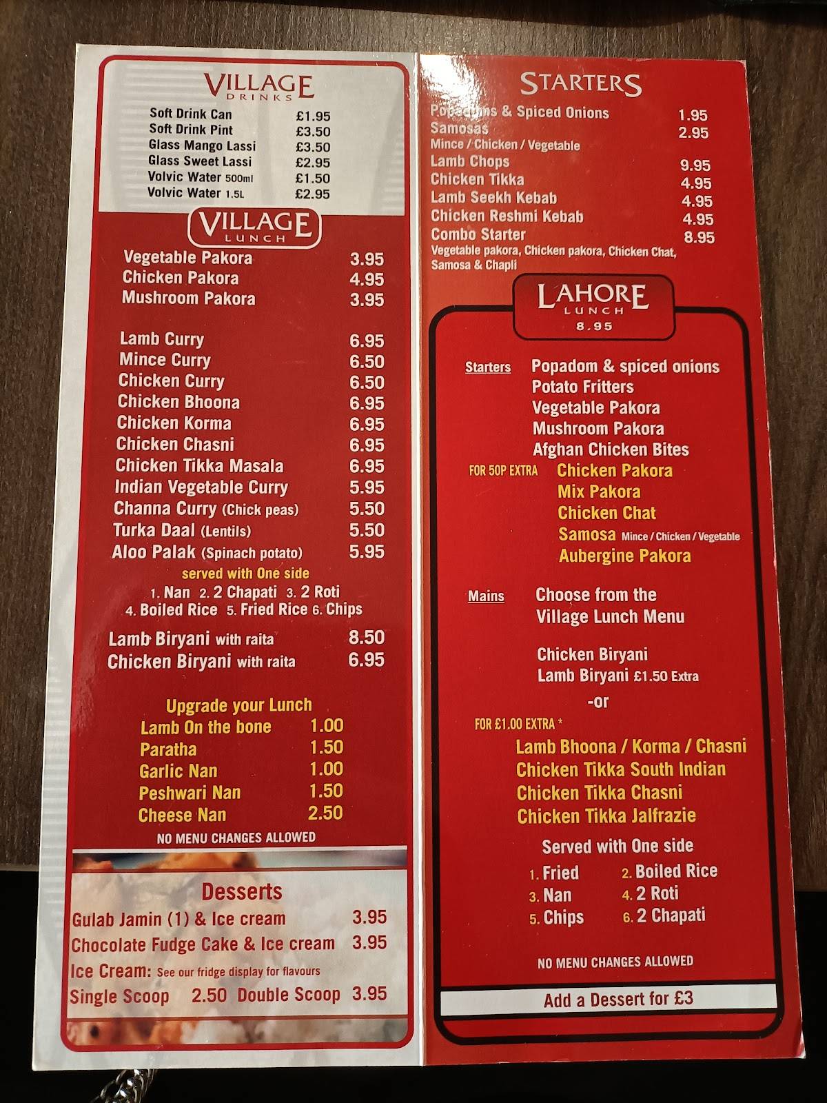 Menu at Village Curry House restaurant, Glasgow, 129 Nelson St