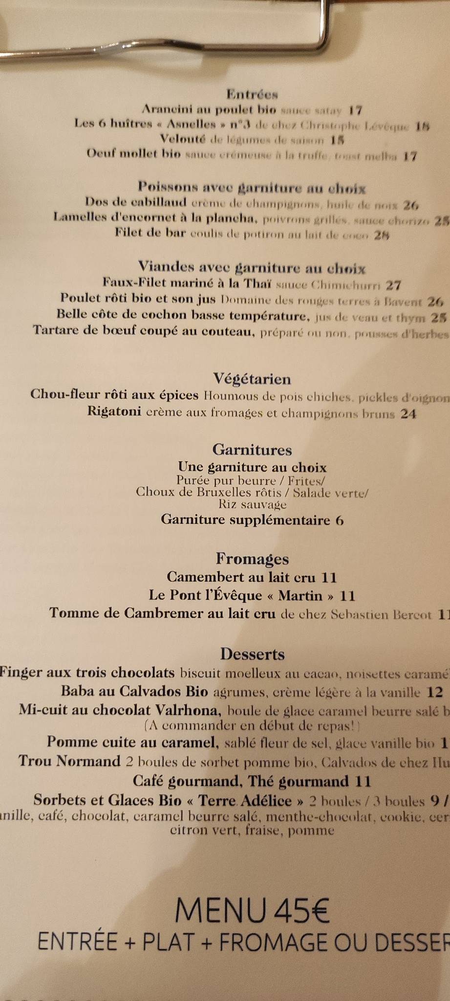 Menu au La Digue de Villers restaurant, Villers-sur-Mer