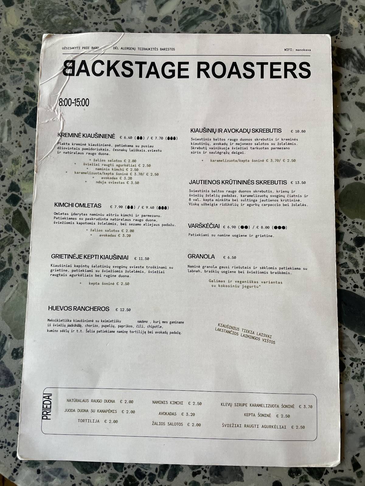 Carta de Backstage Roastery Café, Vilna, T.Ševčenkos g. 16h