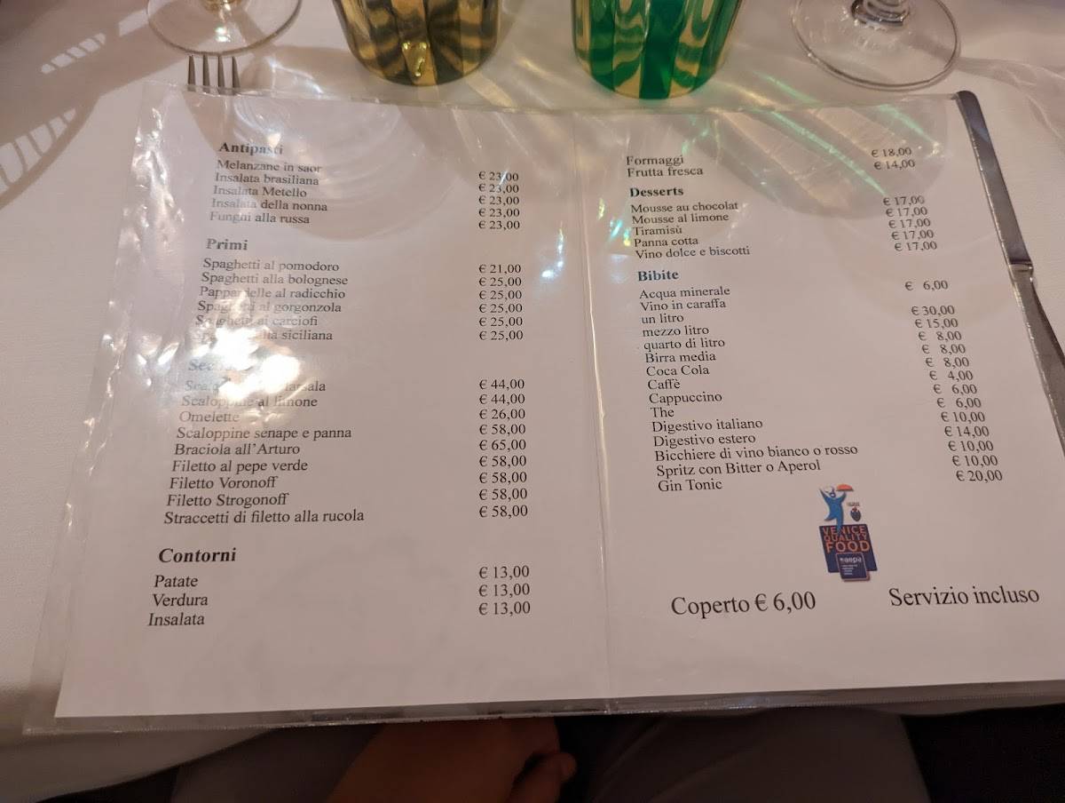 Menu at Vini Da Arturo restaurant, Venice