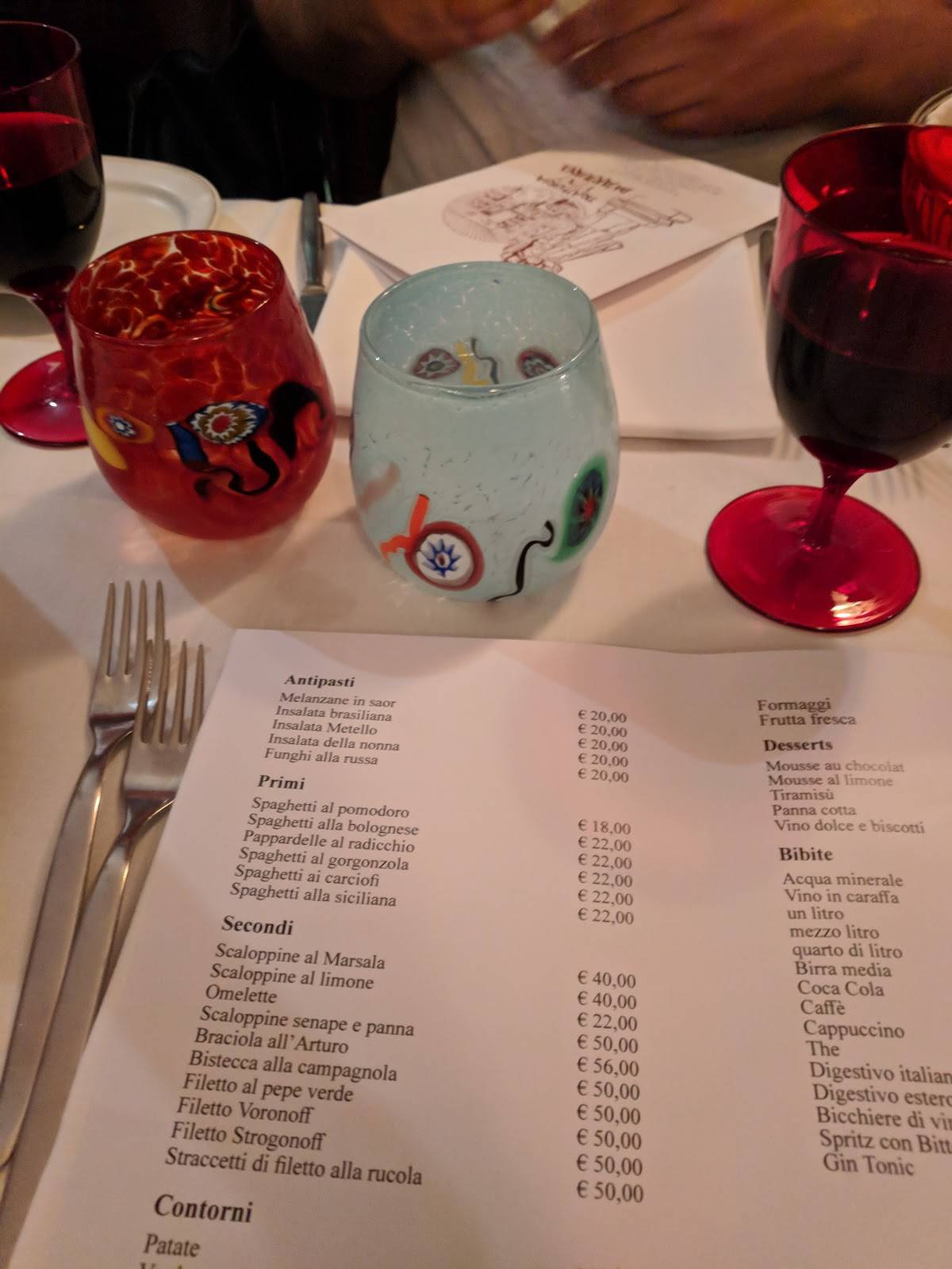 Menu at Vini Da Arturo restaurant, Venice