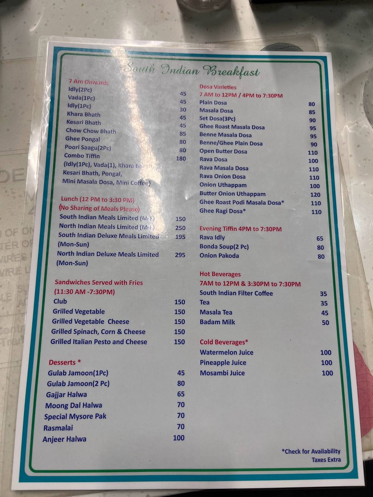 Menu at Vishranti Bhavan, Bengaluru