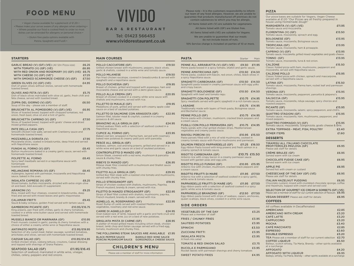 Menu at Vivido Bar And Restaurant, Harrogate