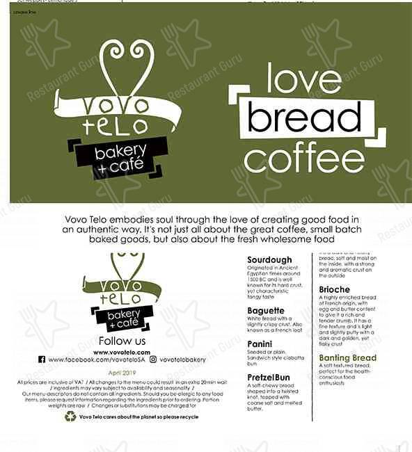 Menu at Vovo Telo Bakery & Café, Hartbeespoort