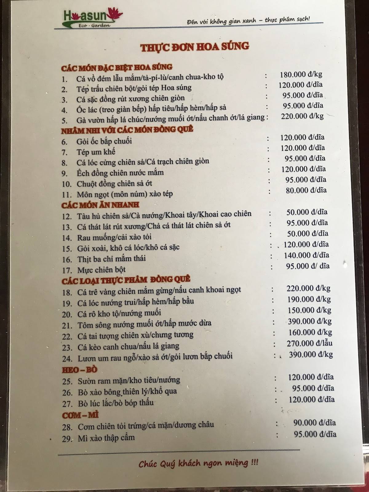 Menu at Vườn sinh thái Hoa Súng restaurant, Can Tho