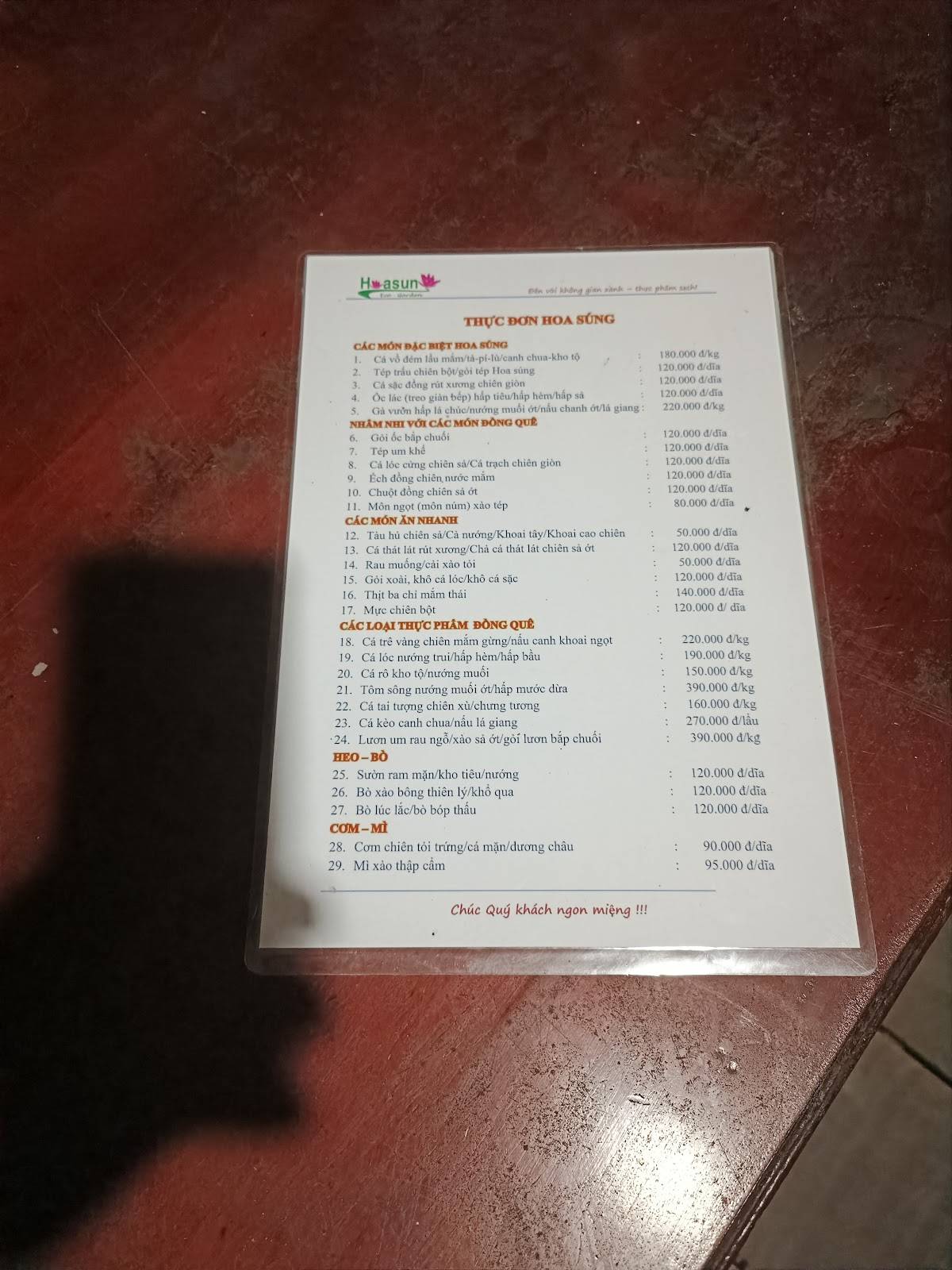 Menu at Vườn sinh thái Hoa Súng restaurant, Can Tho