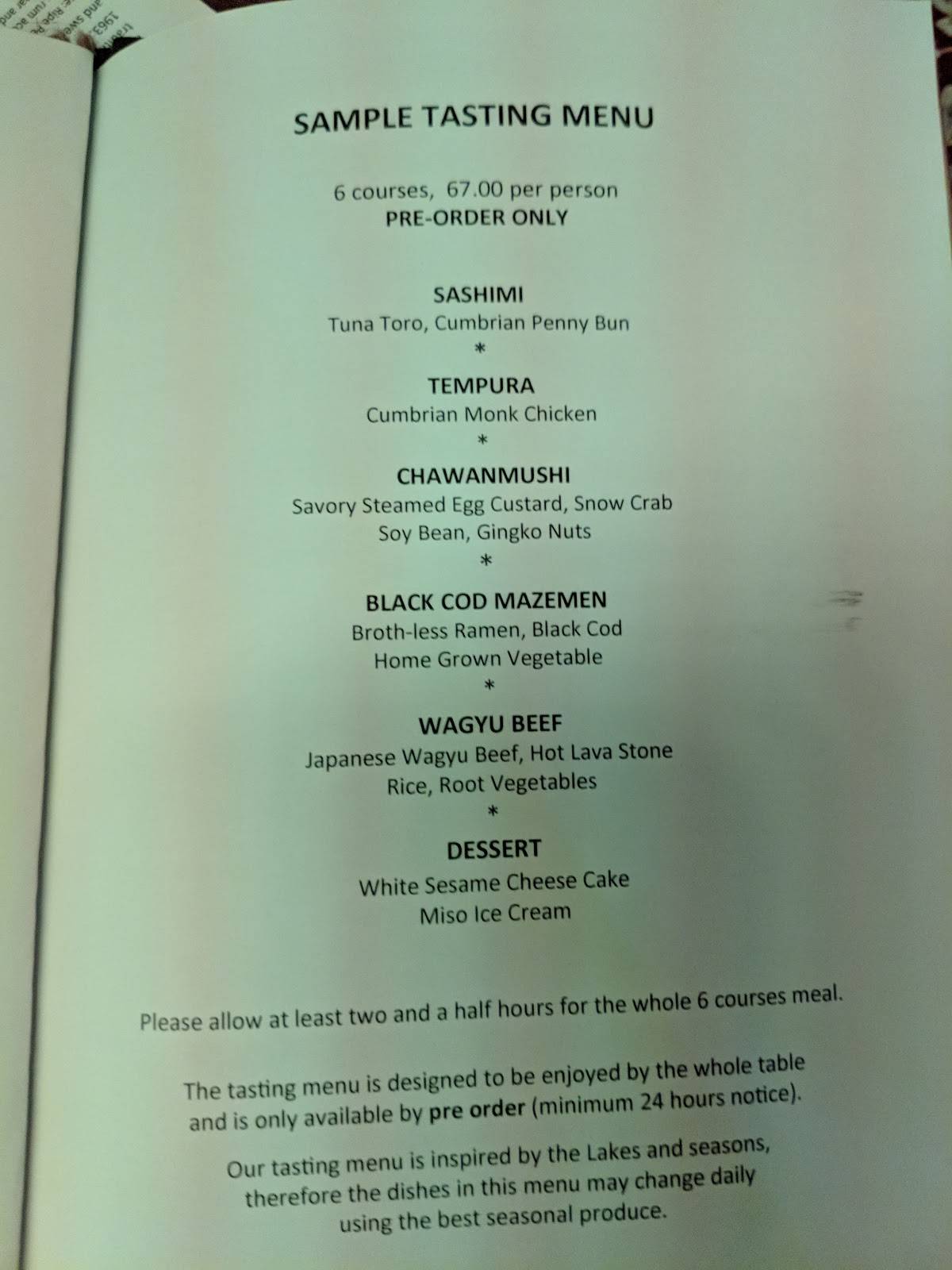 Menu at WABI SABI restaurant, Ambleside