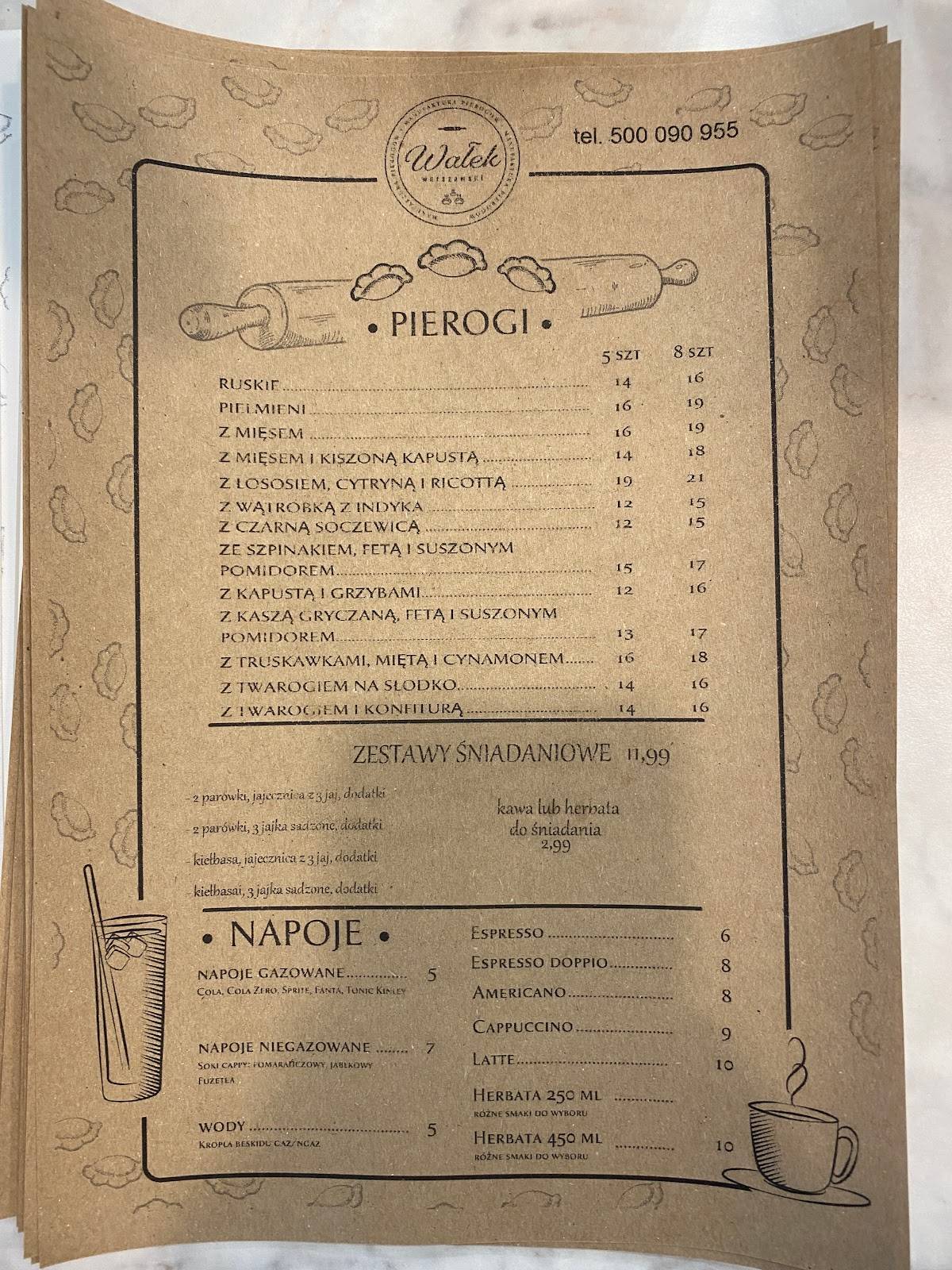 Menu at Wałek Warszawski restaurant, Warsaw