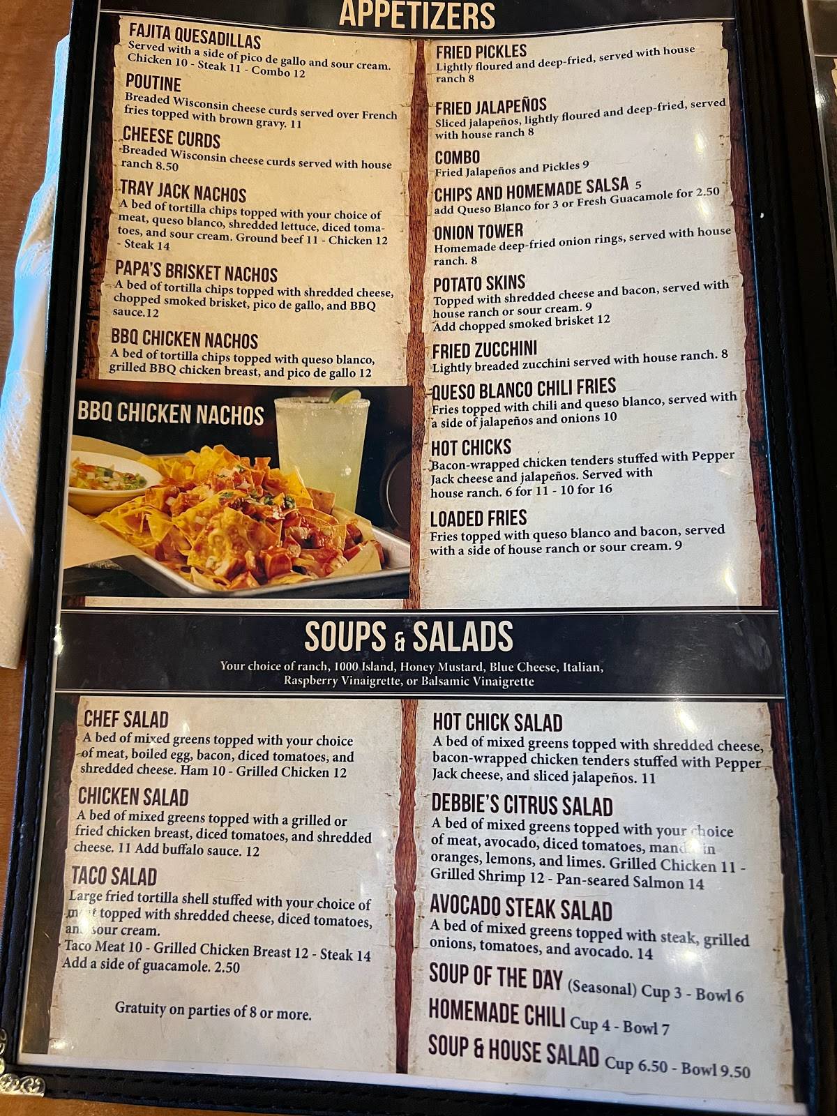 Menu at Papa Bear's steakhouse, Waco
