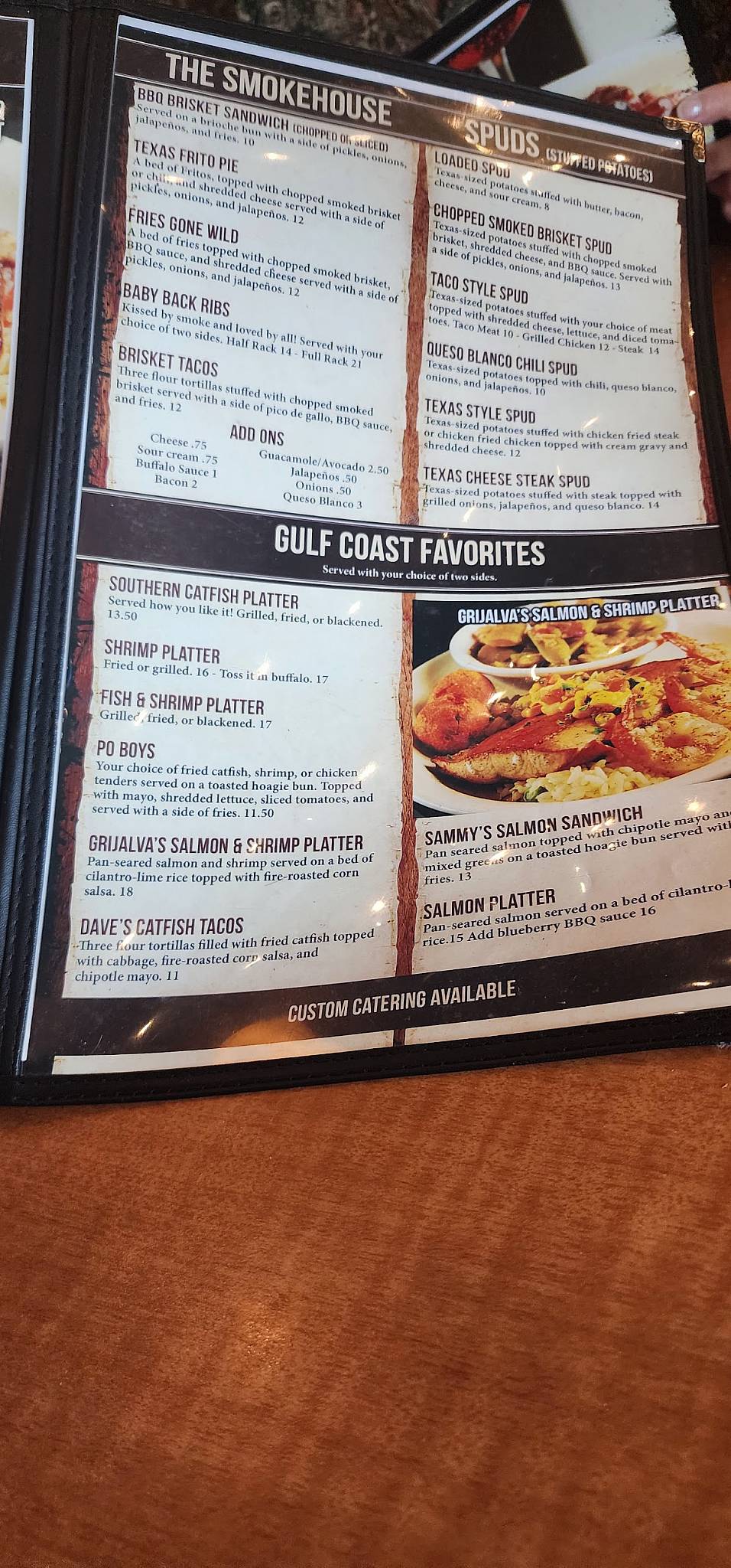 Menu at Papa Bear's steakhouse, Waco