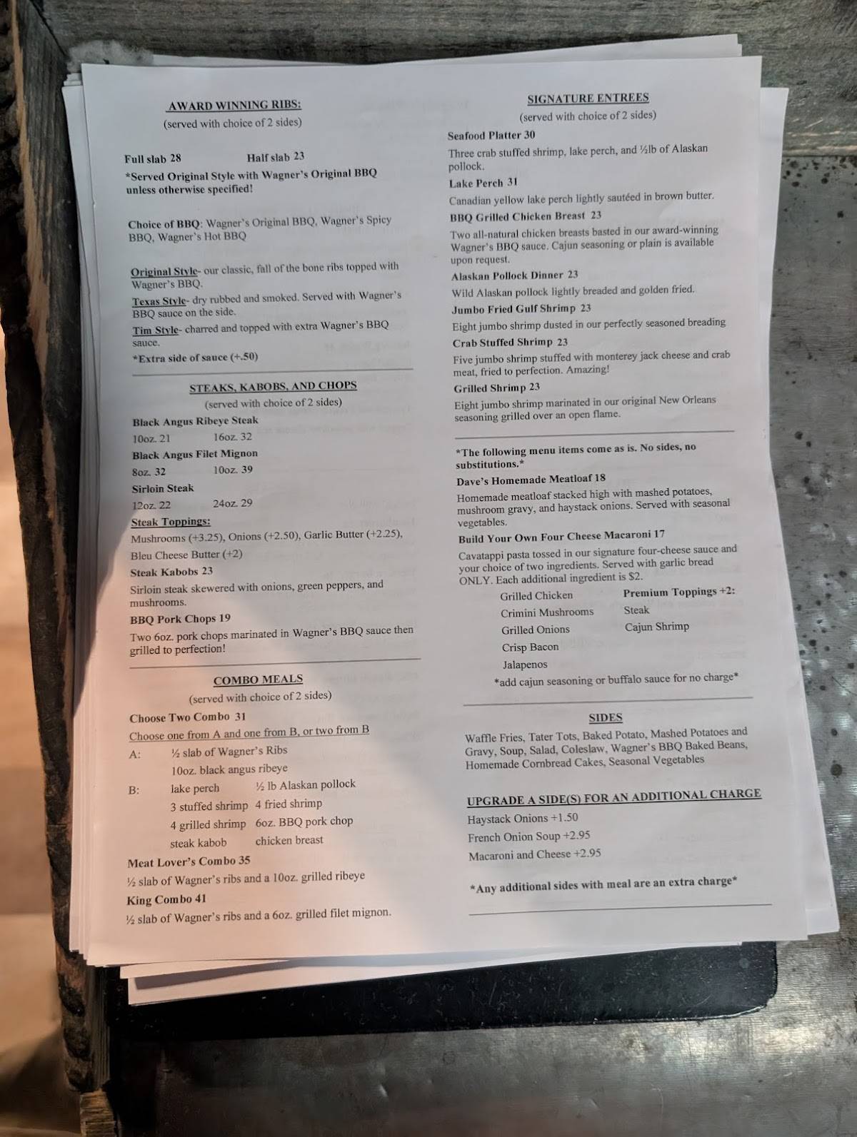 Menu at Wagner's Ribs BBQ, Porter