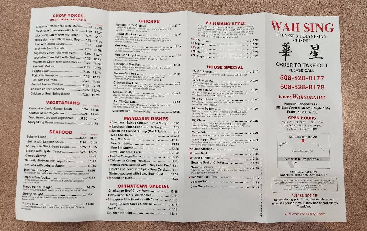 Menu at Wah Sing Chinese & Polynesian Cuisine restaurant, Franklin, 285 ...