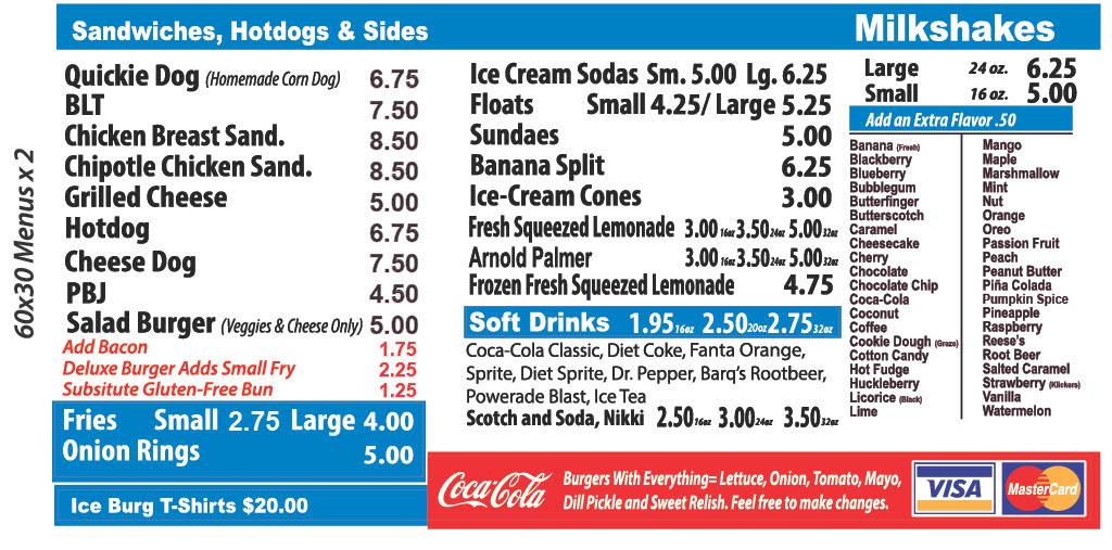 Menu at Ice-Burg Drive-In fast food, Walla Walla